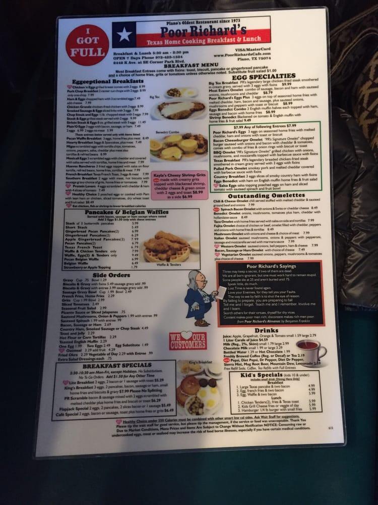 Menu at Poor Richard's Cafe, Plano