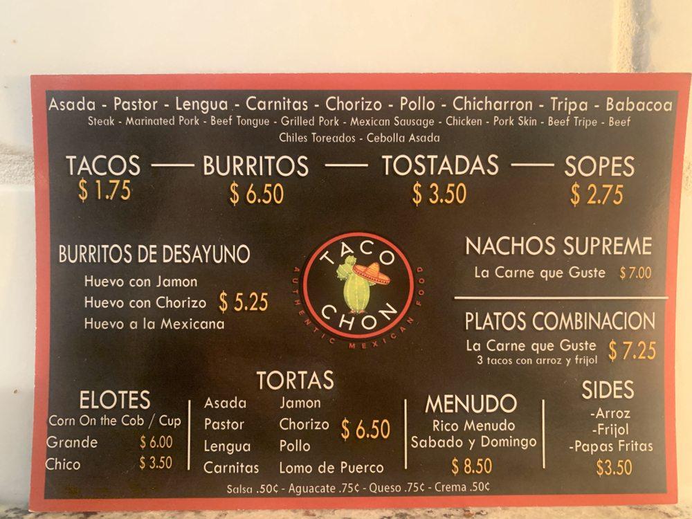 Carta del restaurante Taco Chon, Haltom City