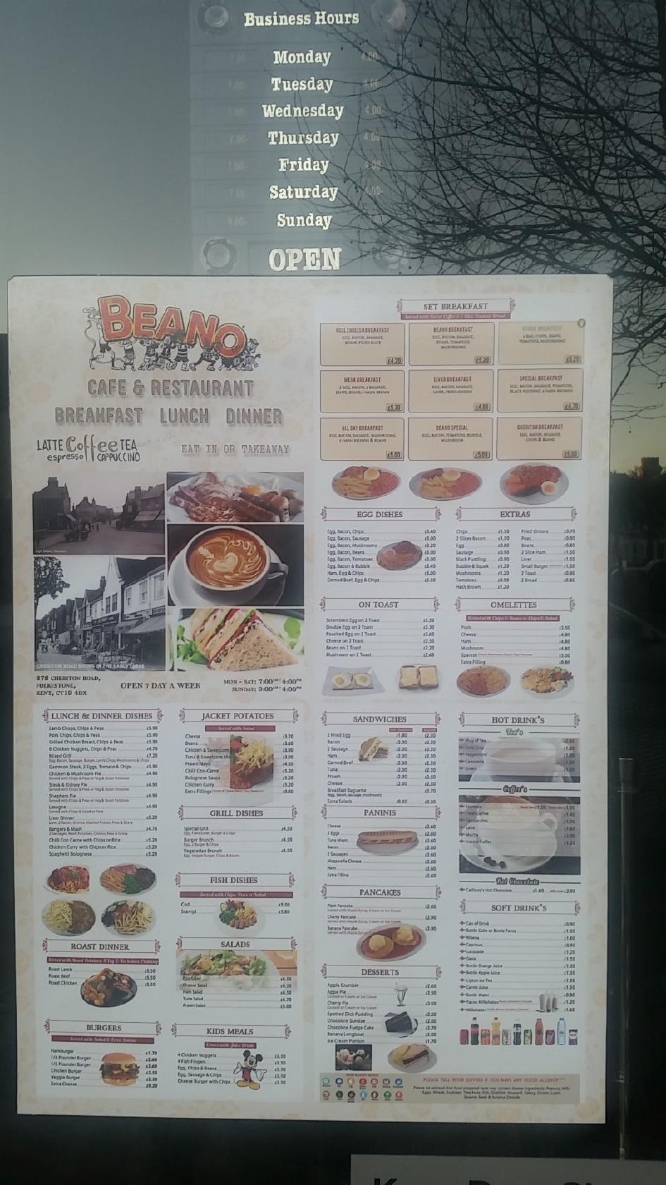 Menu at The Beano Cafe, Folkestone