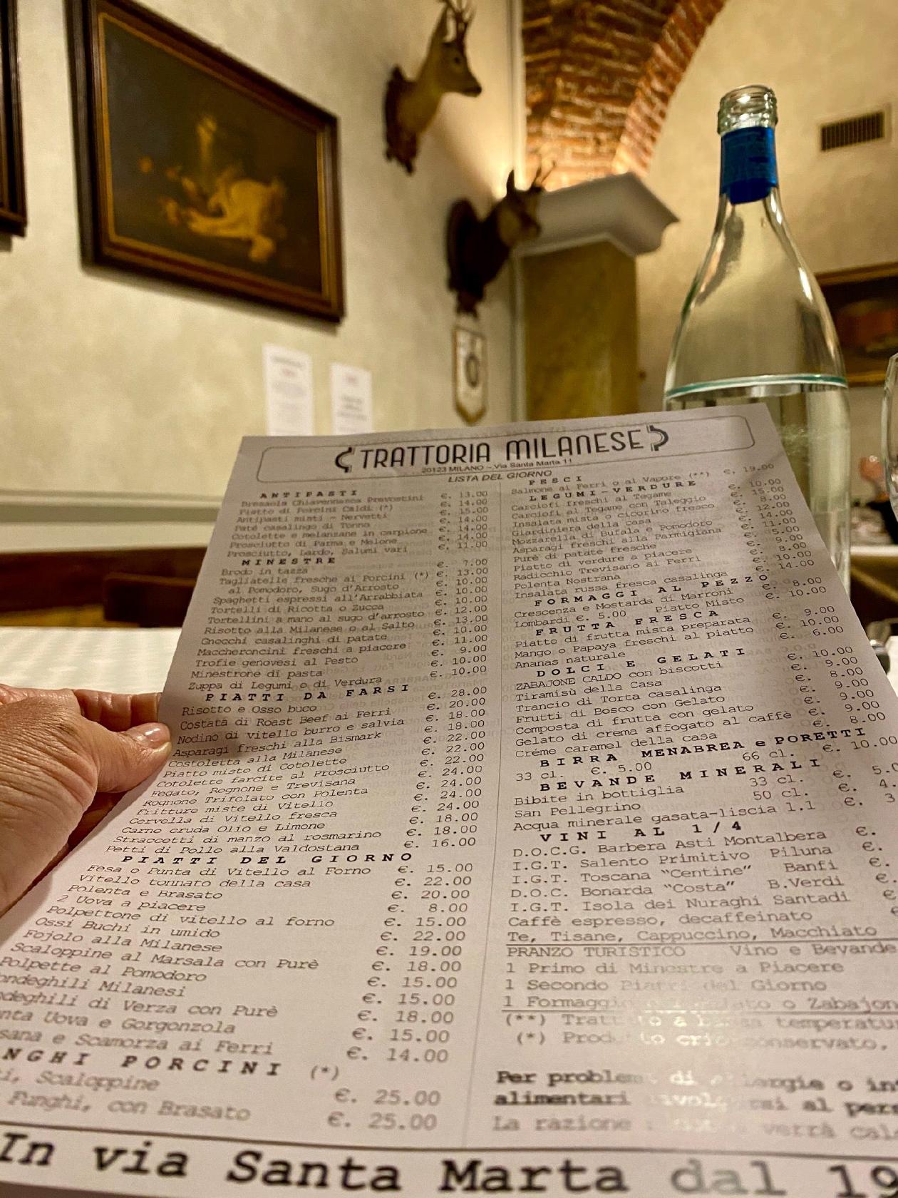 Menu at Trattoria Milanese cafe, Milan, Via Santa Marta