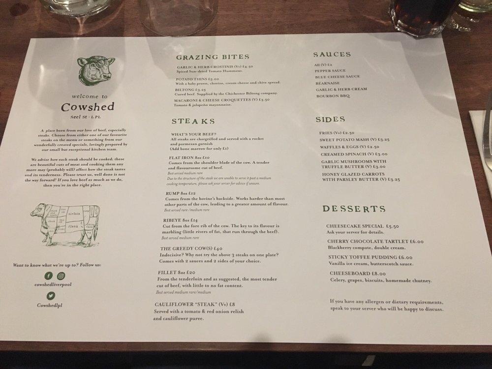 Menu at Cowshed Liverpool steakhouse, Liverpool