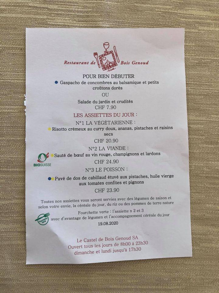 Menu at Le Castel de Bois Genoud, Crissier