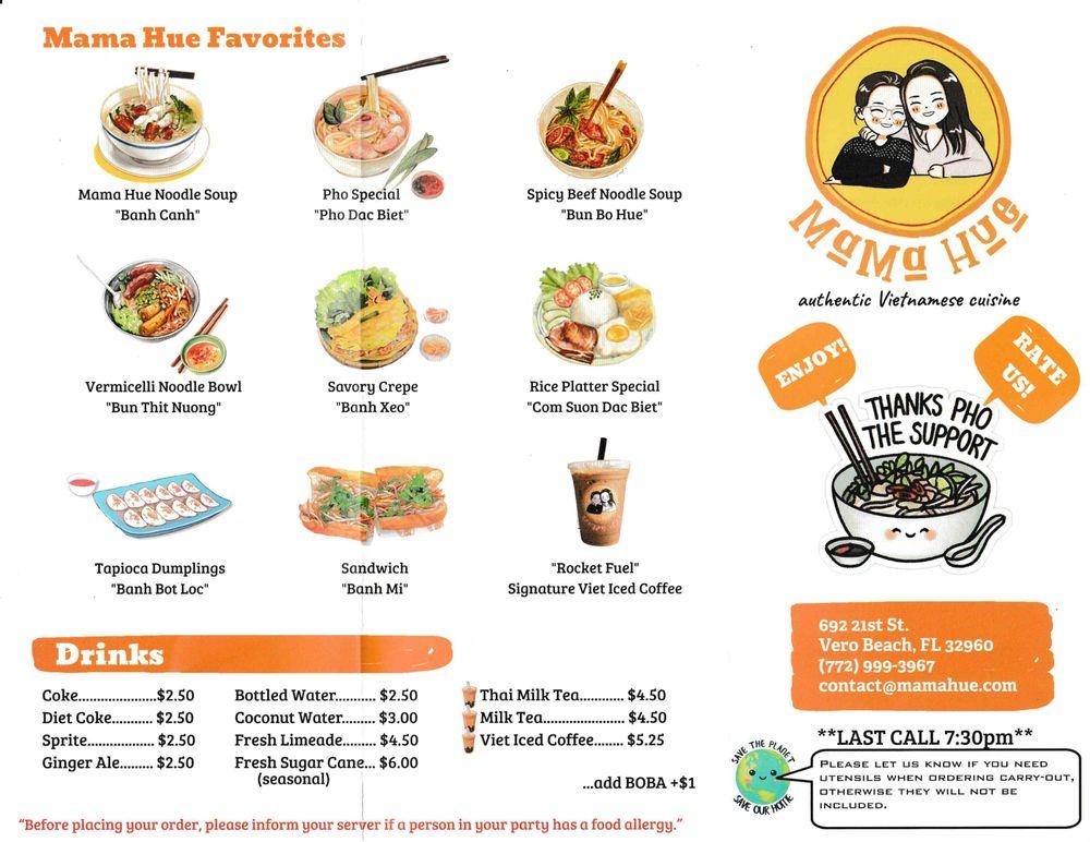 Menu at Mama Hue restaurant, Vero Beach