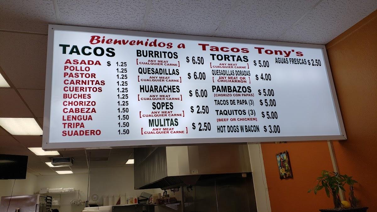 Menu at Tony's Tacos restaurant, Azusa