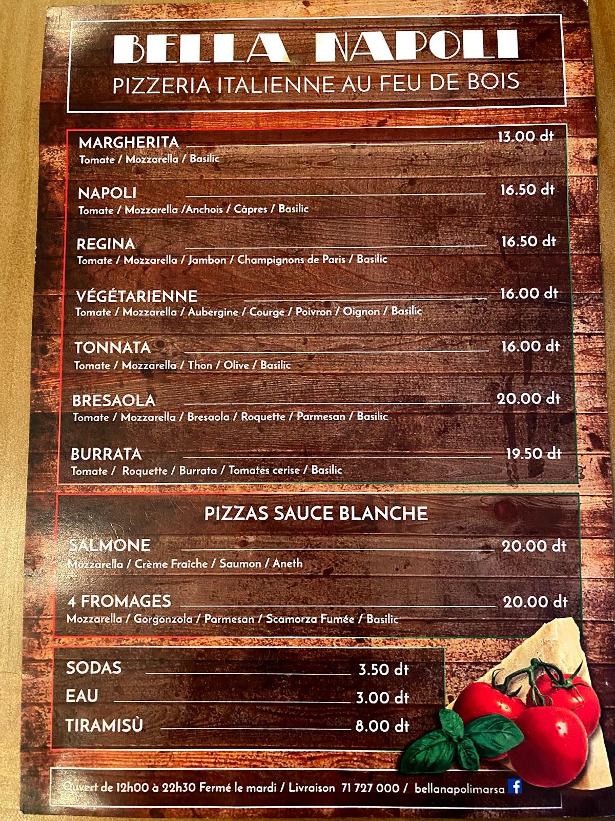 Menu at Bella Napoli restaurant, La Marsa