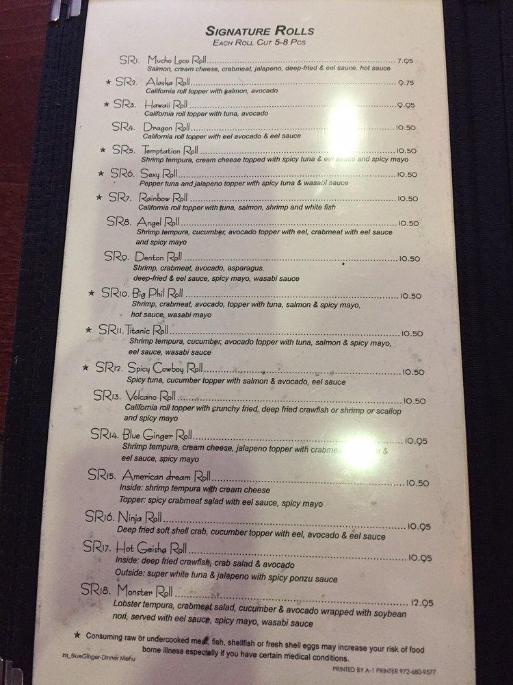 Menu at Blue Ginger restaurant, Denton