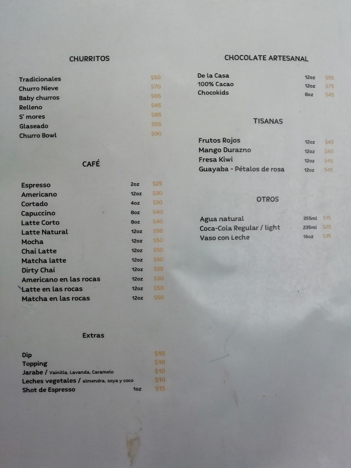 Carta del postres CHURROS EL 4TO ANHELO, Tijuana