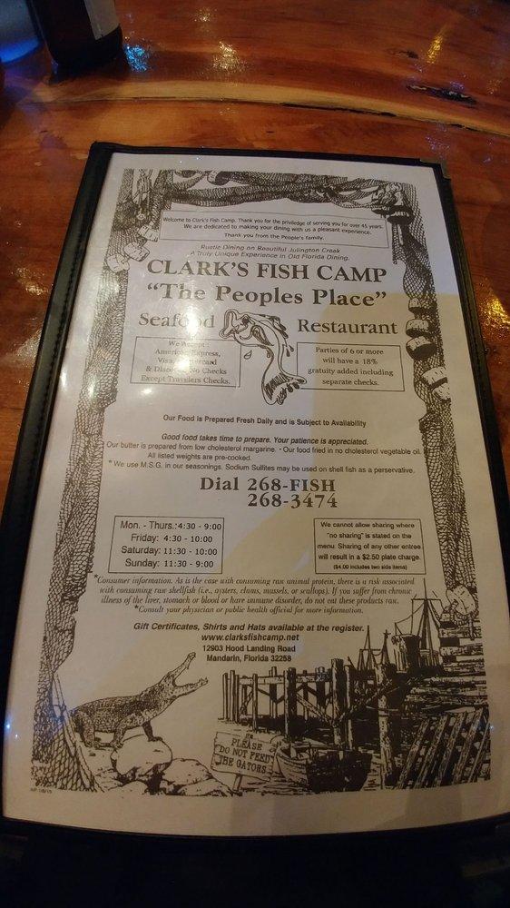 Menu at Clark's Fish Camp Seafood Restaurant, Jacksonville