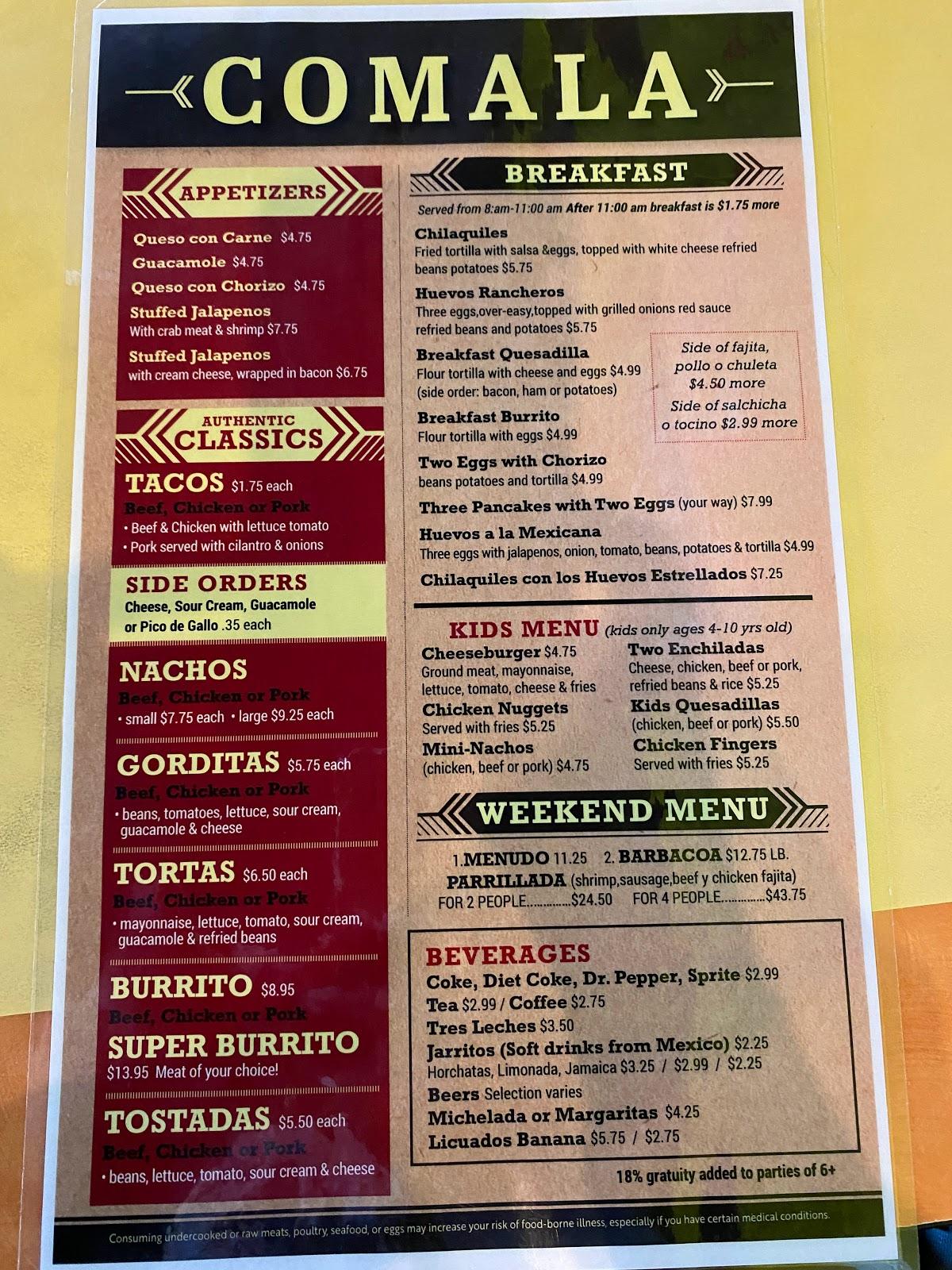 Menu at Comala Mexican Cafe, Houston