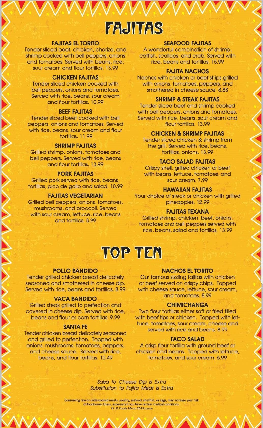 Menu at EL TORITO MEXICAN RESTAURANT, Logan
