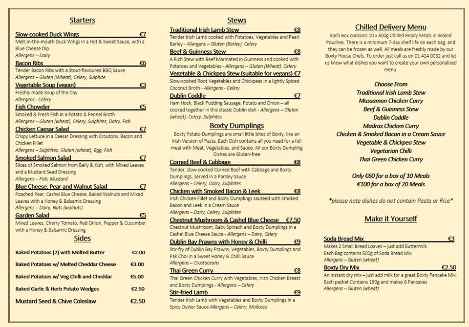 Menu at The Boxty House Dublin restaurant, Dublin
