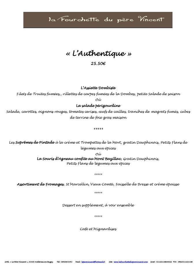 Menu au La Fourchette du Père Vincent restaurant, Ambérieu-en-Bugey, 15 ...