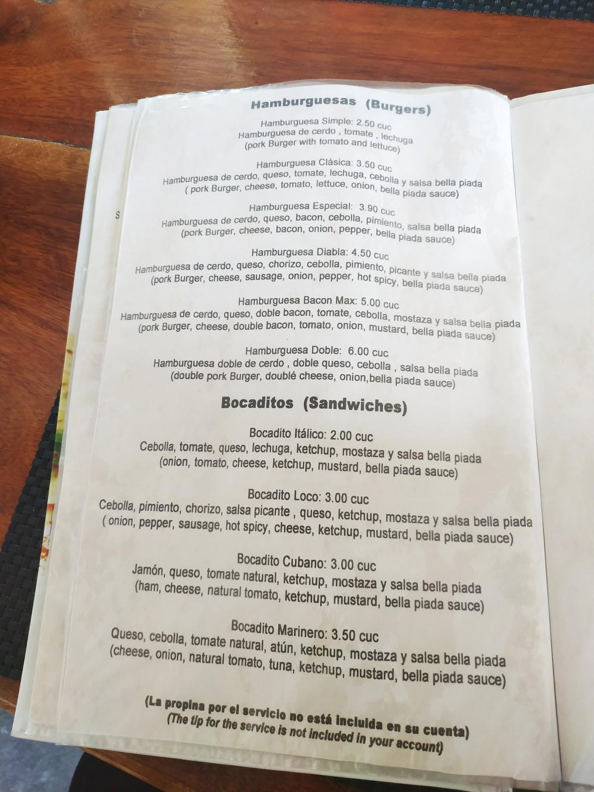 Menu at Las Begonias cafe, Trinidad