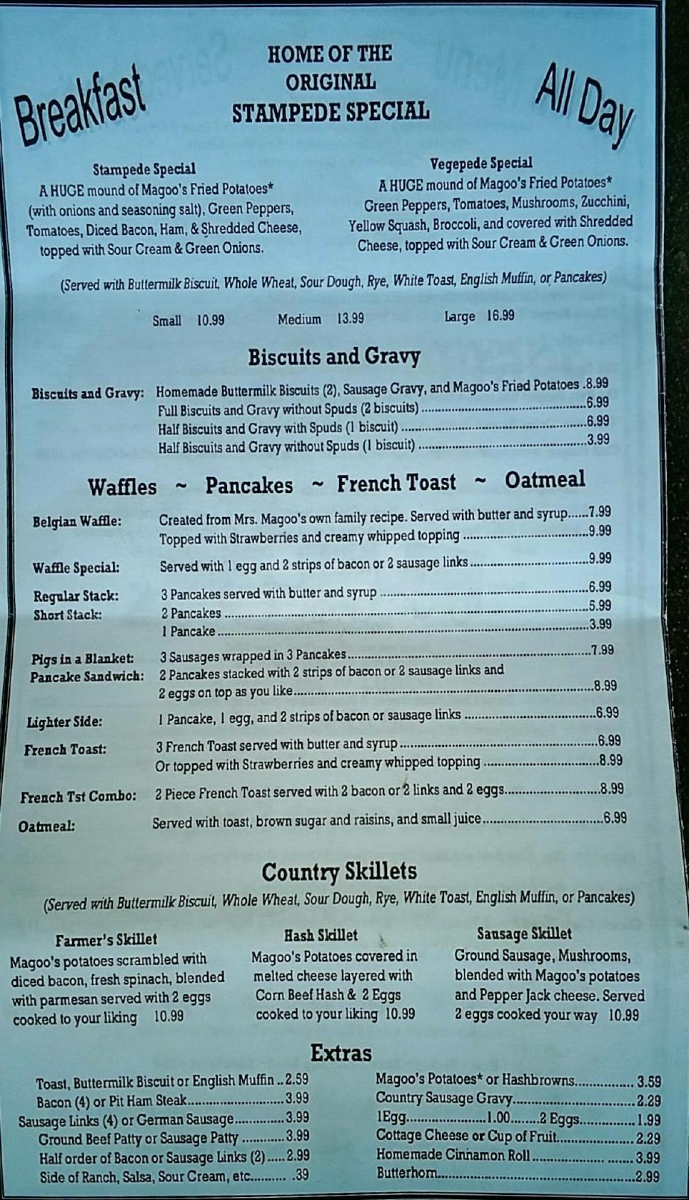 Menu at Magoo's Restaurant, Omak