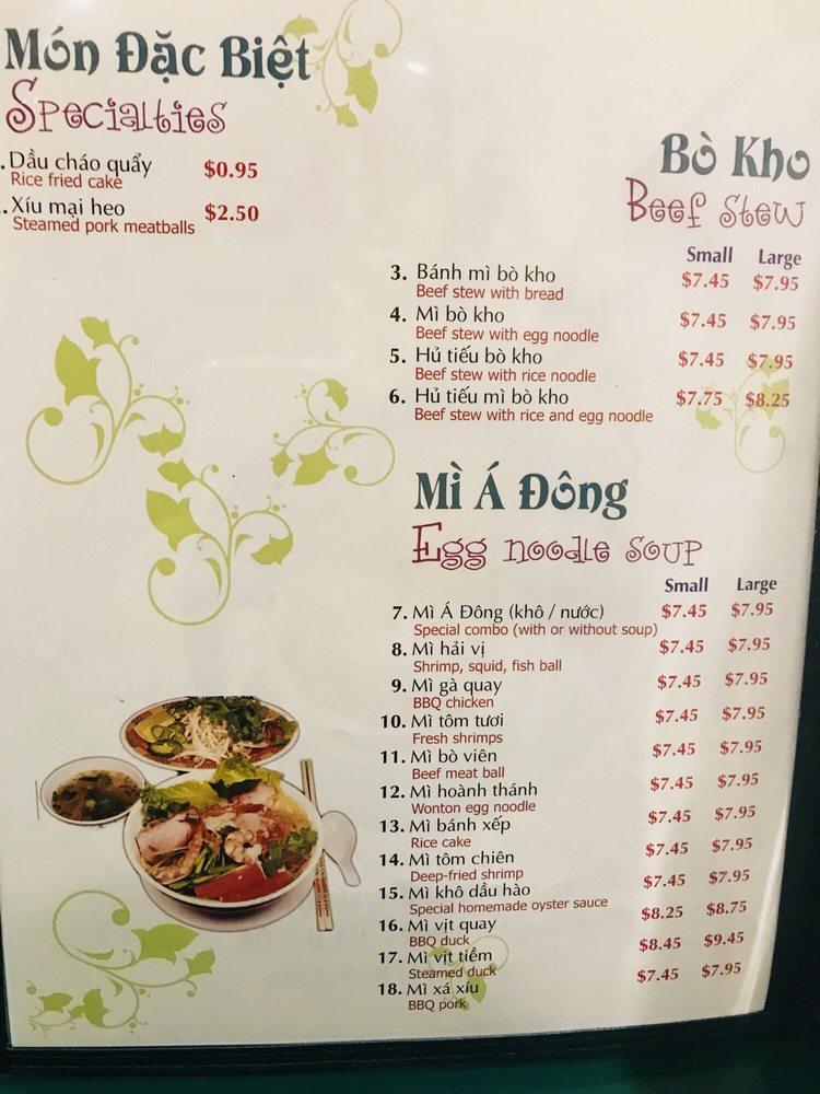 Menu at Mì Á Đông restaurant, Fountain Valley
