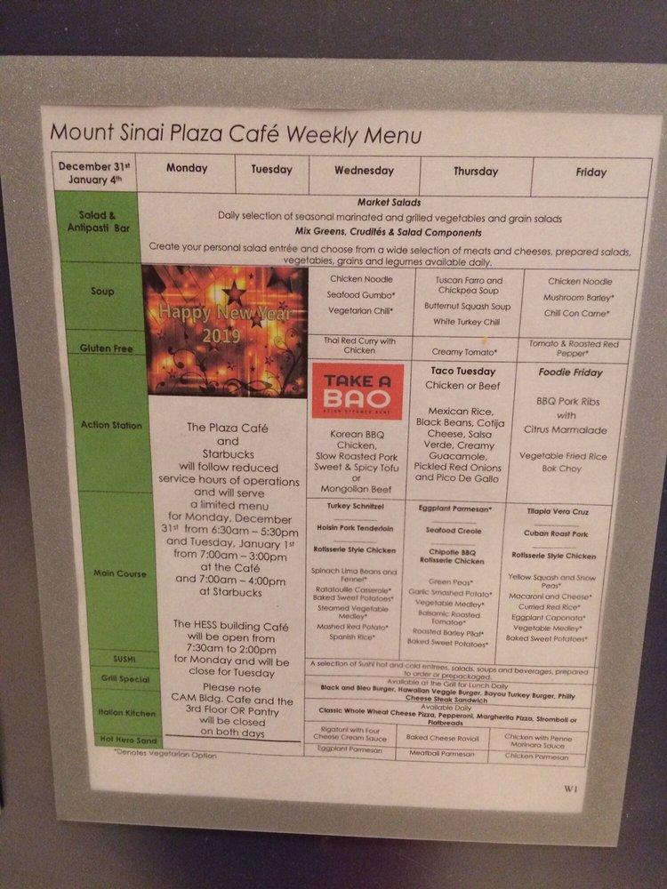 Menu at Plaza Cafeteria at Mount Sinai Hospital, New York City