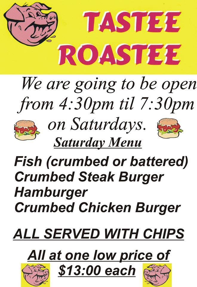 Menu at Tastee Roastee restaurant, Currajong