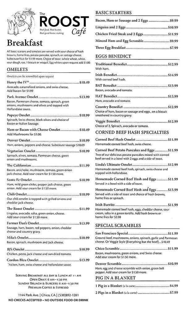 Menu at The Roost Cafe, Chico
