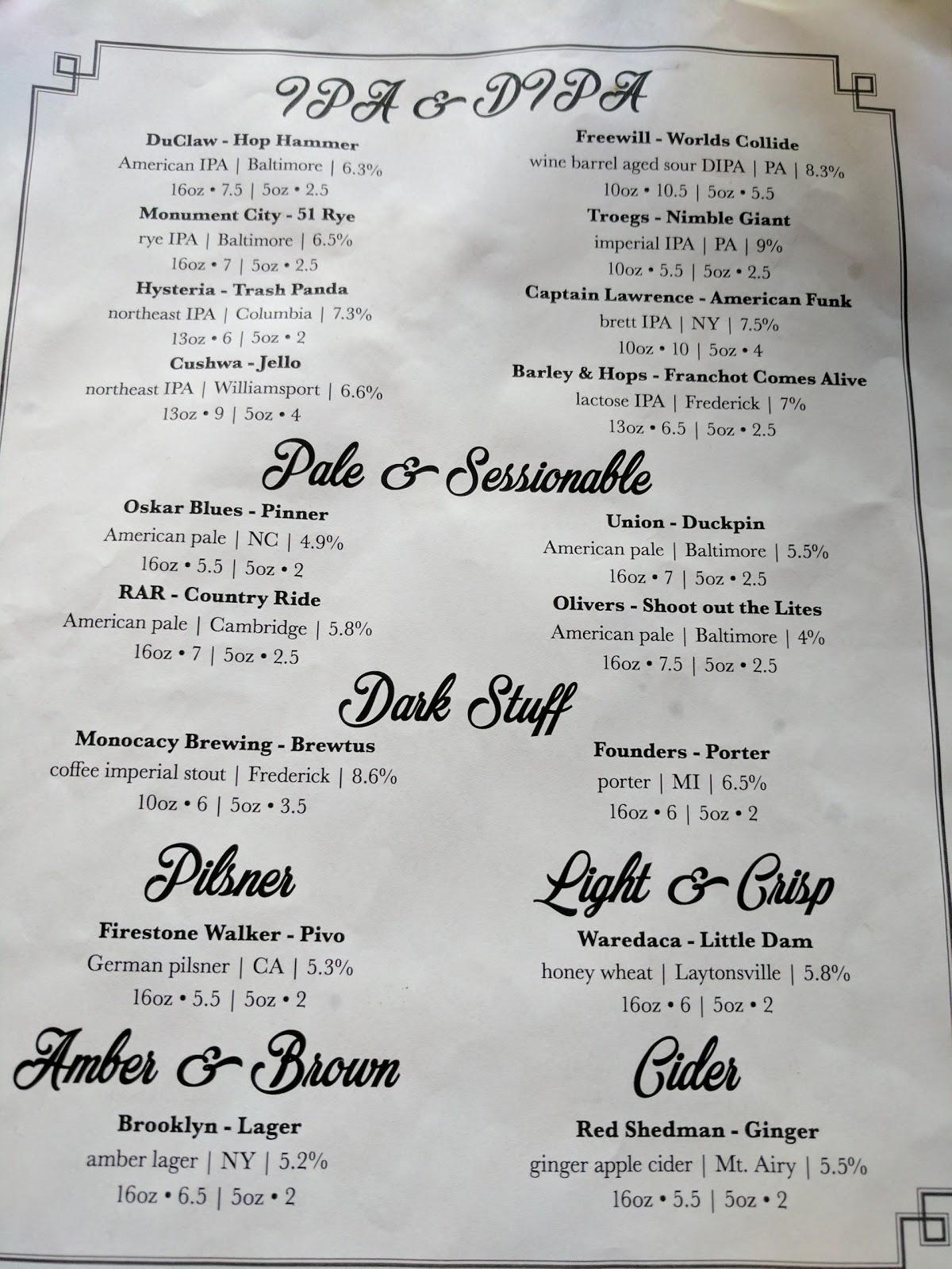 Menu at White Rabbit Gastropub, Frederick