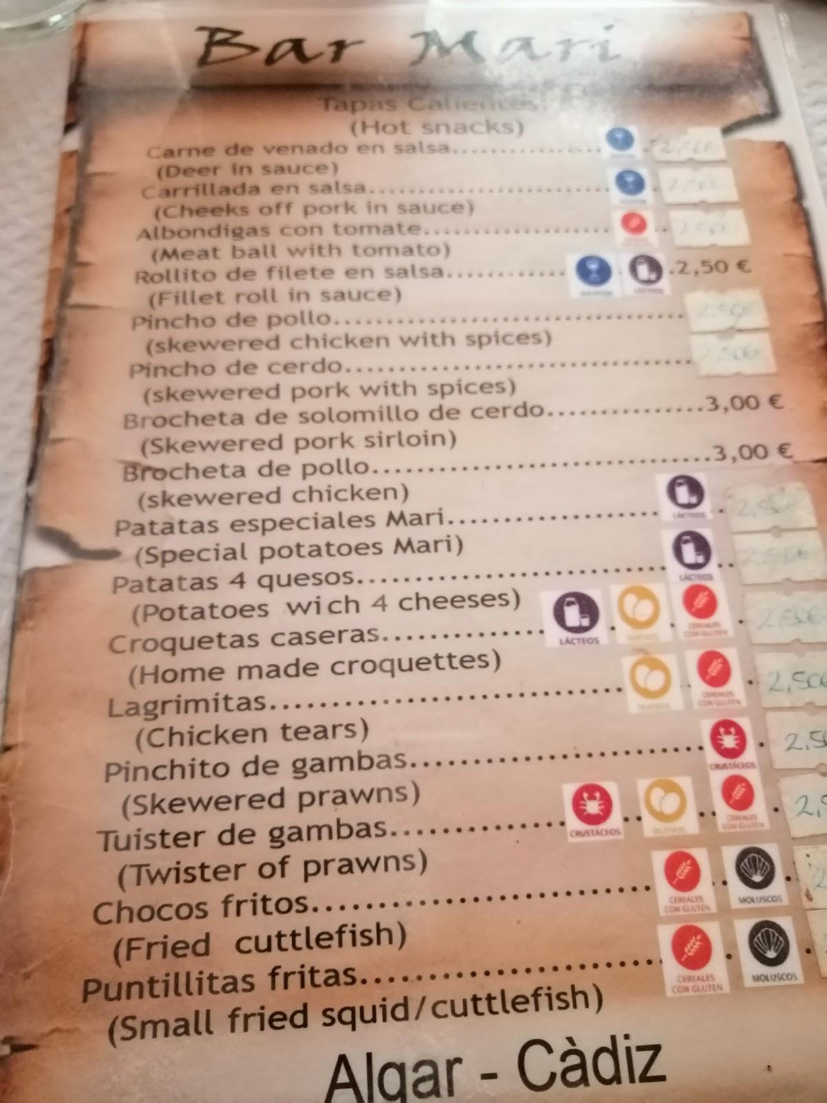 Menu at Bar Mari ("Bar Manolito"), Algar