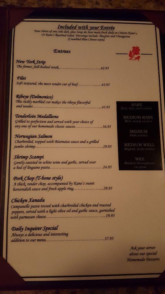 Menu at Citizen Kane's Steak House pub & bar, Kirkwood