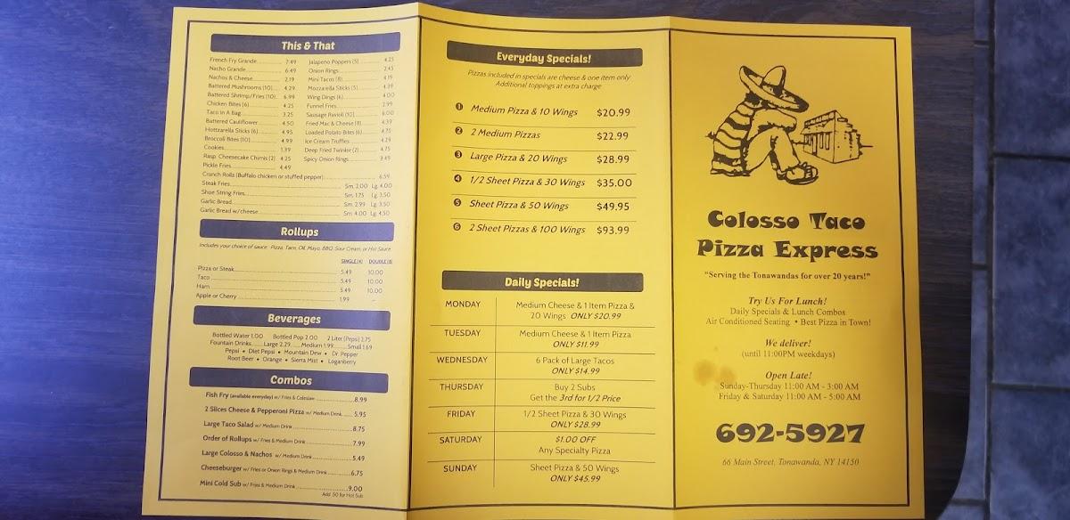 Menu at Colosso Taco & Pizza Express pizzeria, Tonawanda