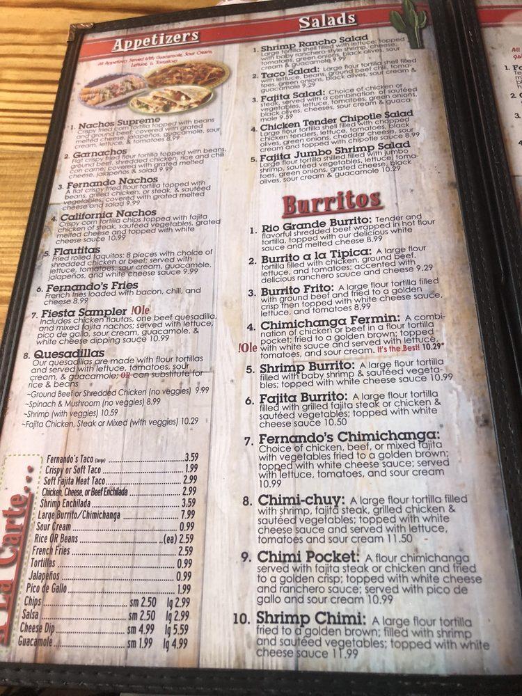 Menu at Fernando's Fajita Factory restaurant, Magee