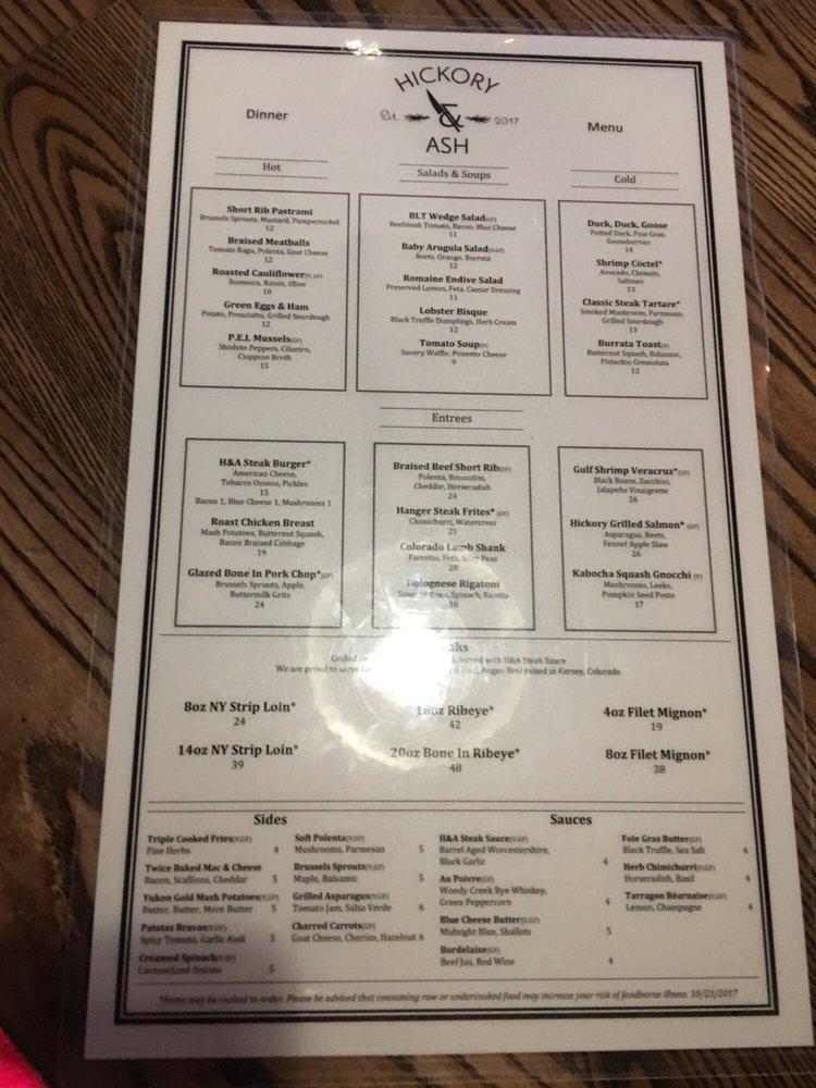 Menu at Hickory & Ash steakhouse, Broomfield