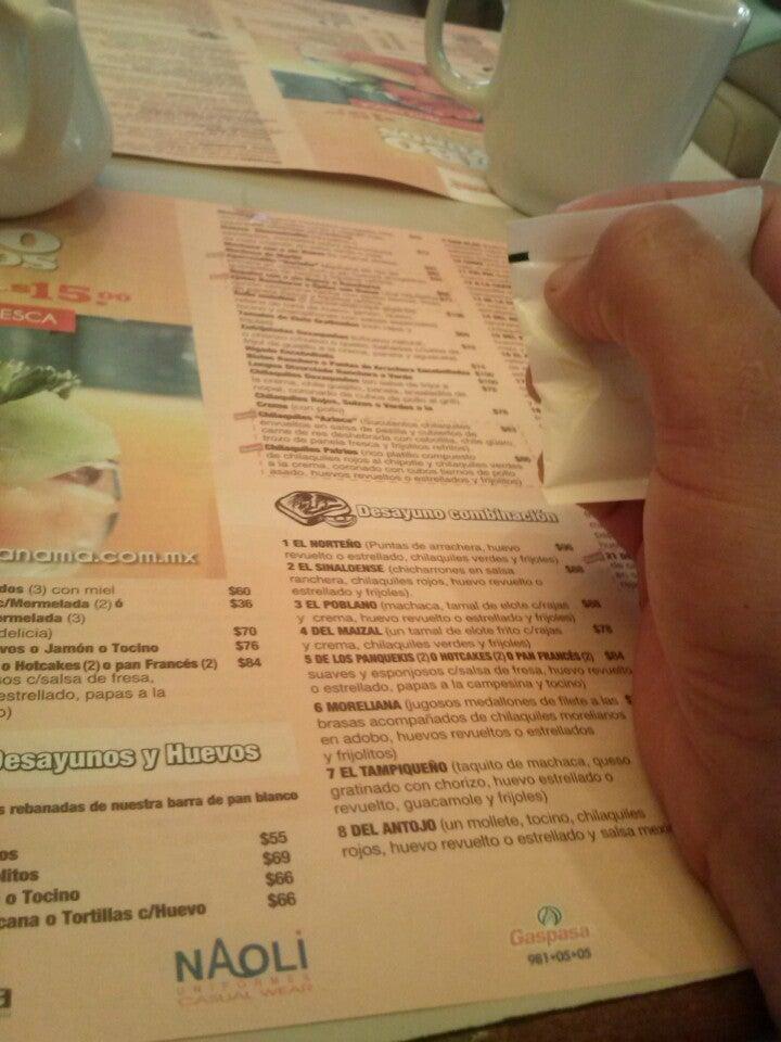 Menu at Panama restaurant, Mazatlán, Garzas