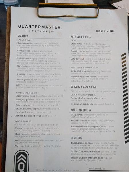 Menu at Quartermaster Eatery restaurant, Revelstoke