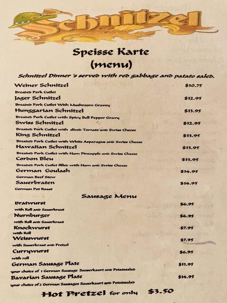 Menu at Schnitzel restaurant, Vidor
