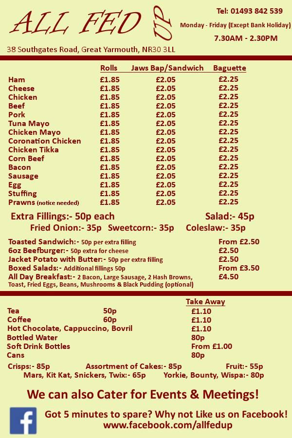 Menu at All Fed Up, Great Yarmouth