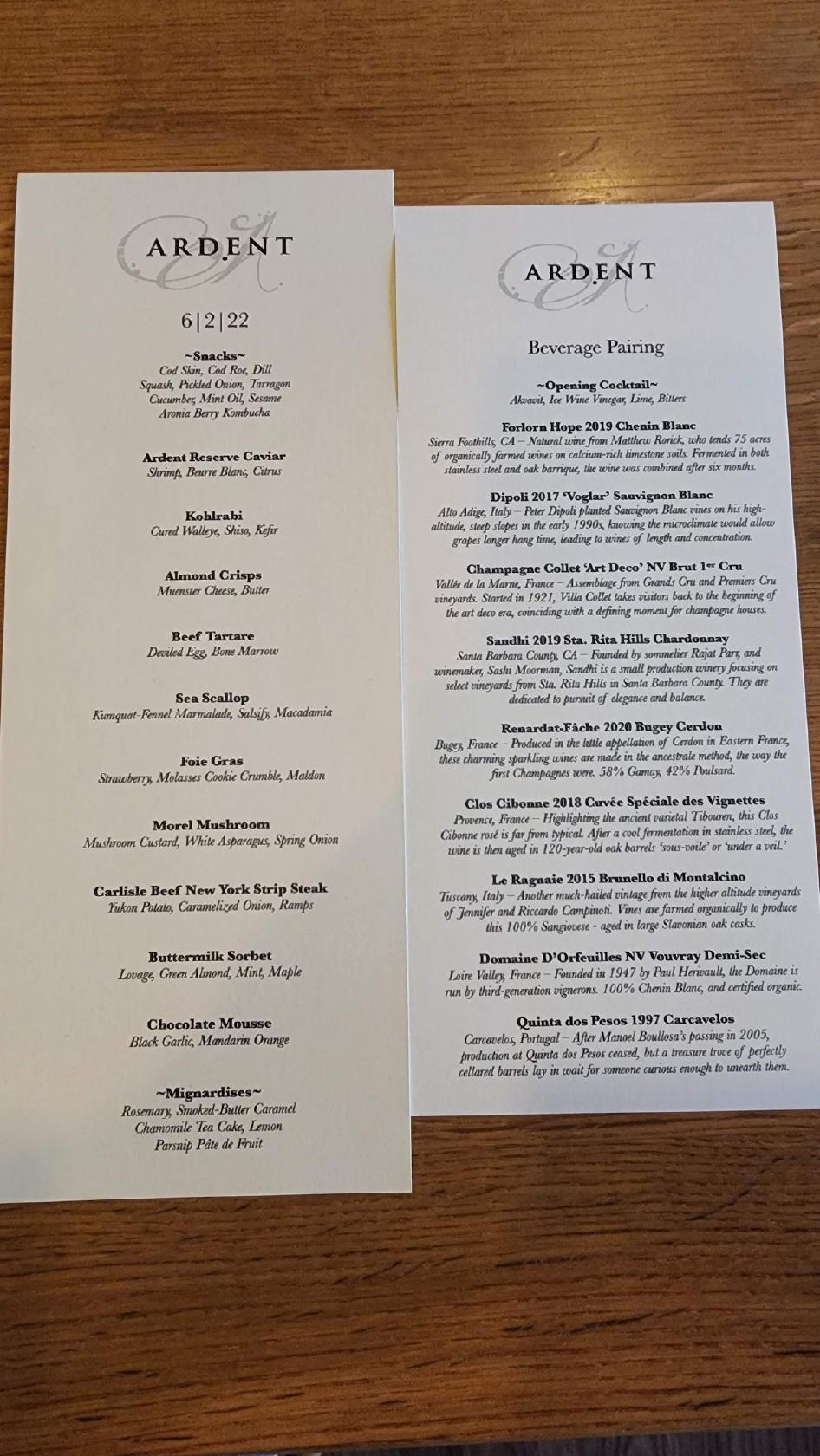 Menu at Ardent restaurant, Milwaukee