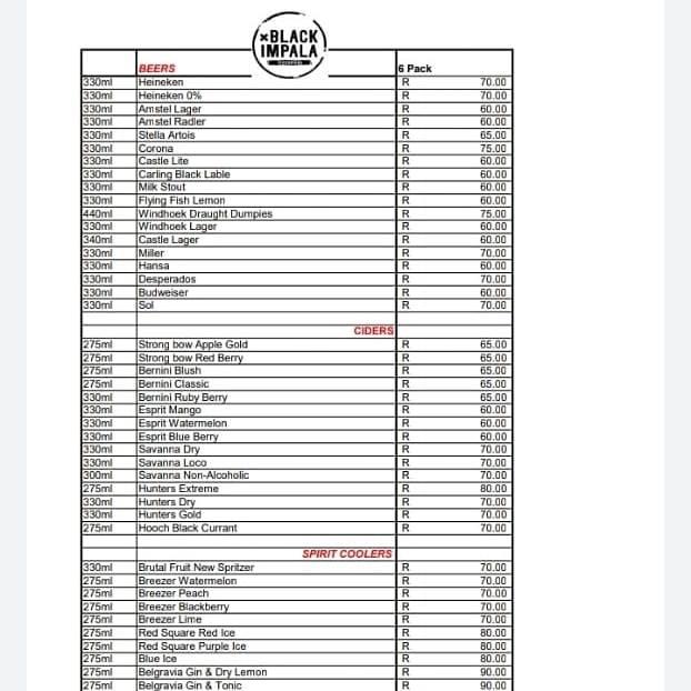 Menu at Black Impala Tshisanyama restaurant, Port Elizabeth