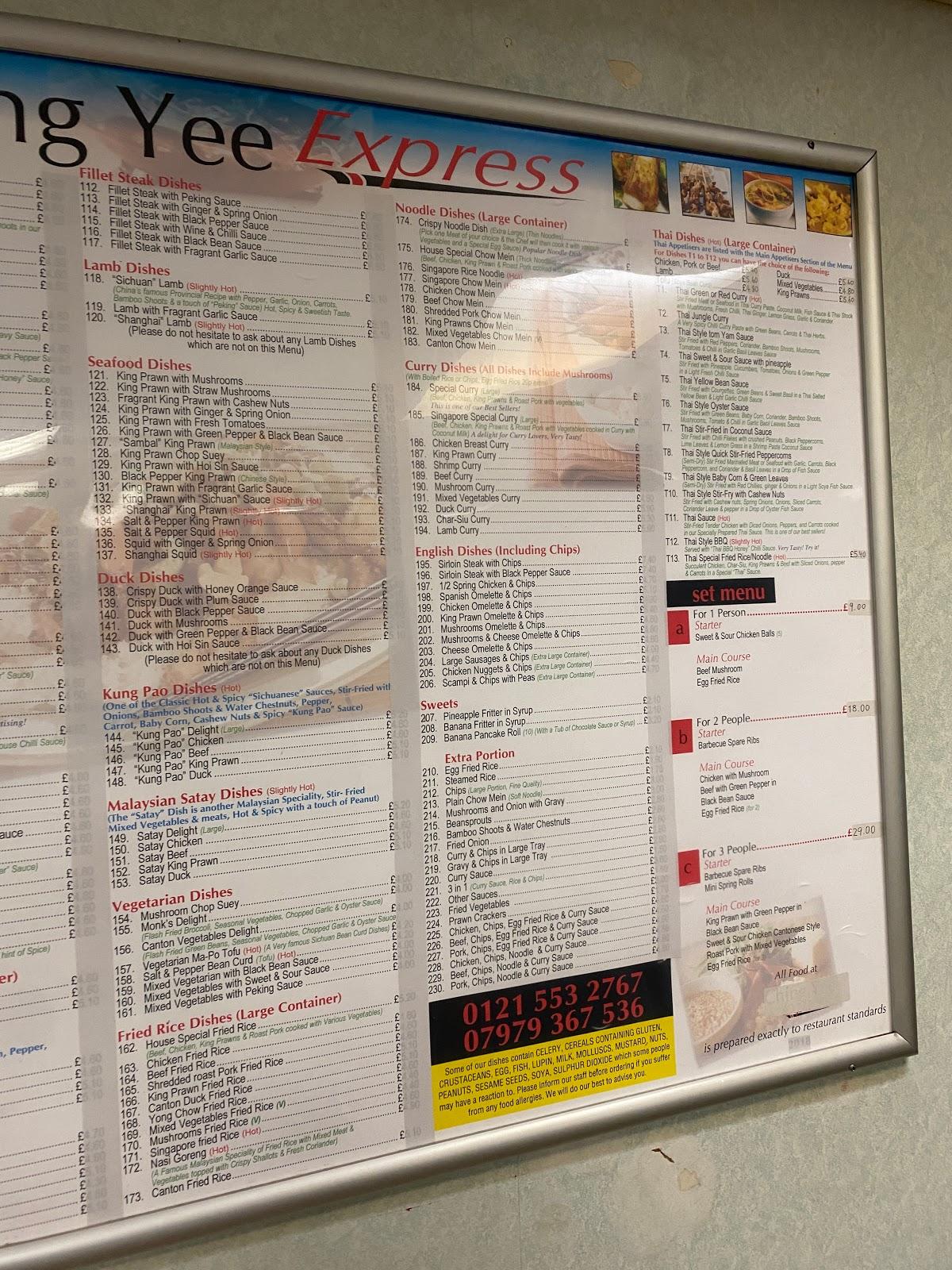 Menu at Ching Yee Express (Chinese Takeaway) fast food, West Bromwich