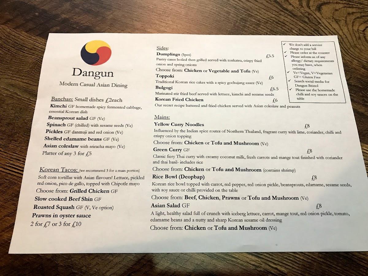 Menu at Dangun restaurant, Bristol