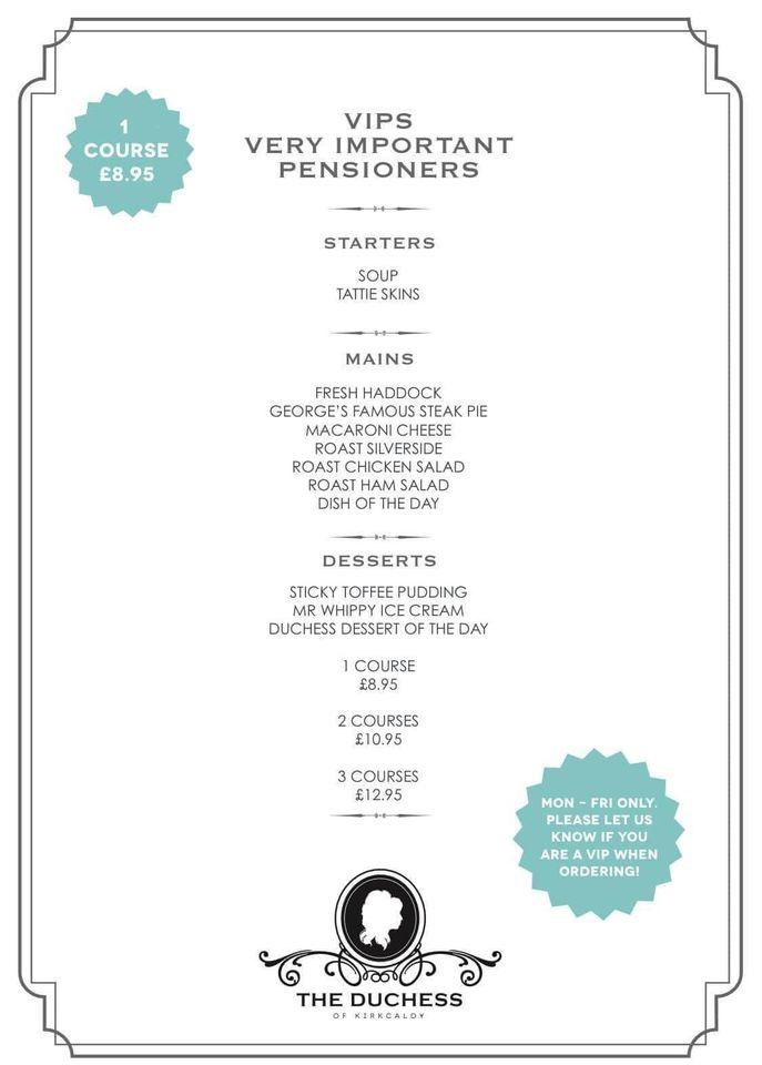 Menu at Duchess of Kirkcaldy restaurant, Kirkcaldy