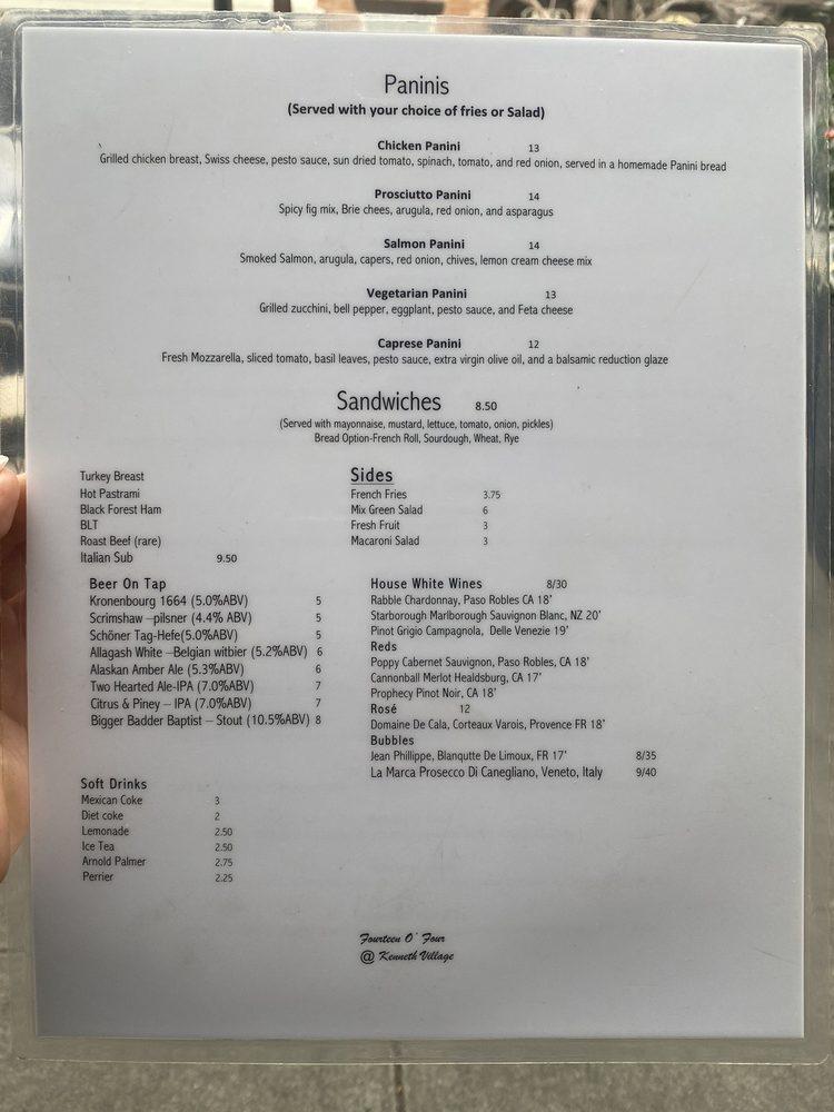 Menu at Fourteen O’ Four cafe, Glendale