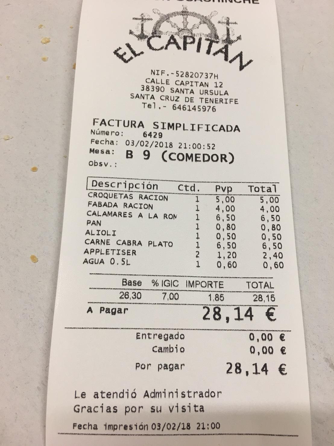 Carta del restaurante Guachinche El Capitán, Santa Úrsula