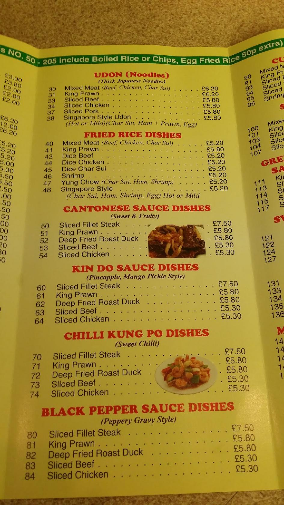 Menu at Ho Ho fast food, Liverpool, 106 High St
