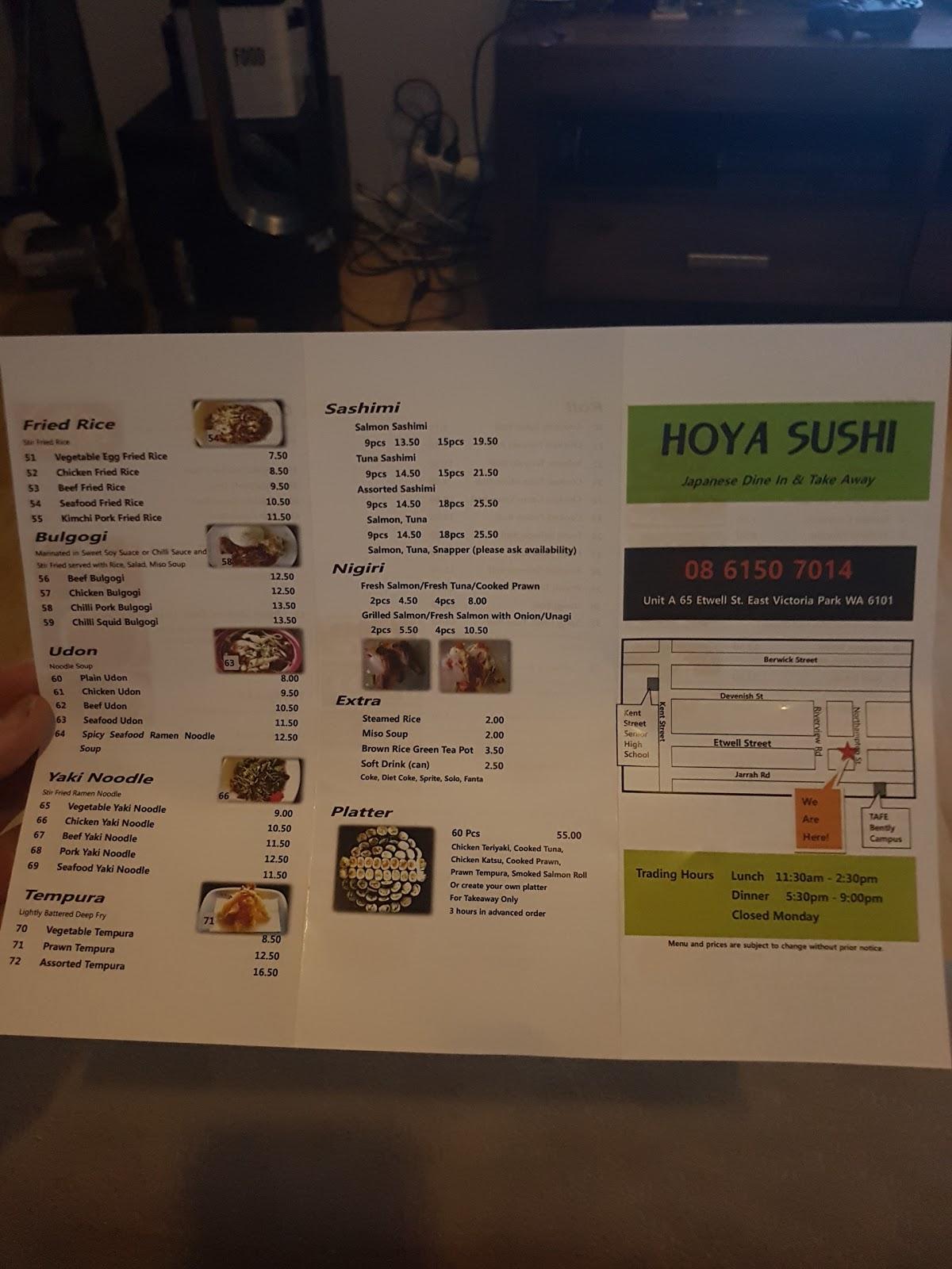 Menu at Hoya Sushi restaurant, East Victoria Park, 65A Etwell St