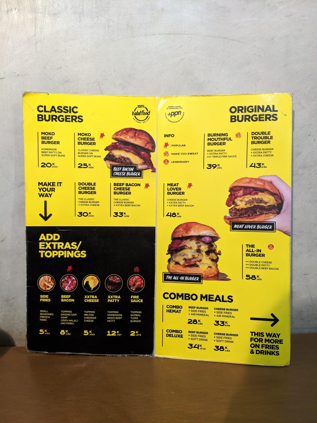 Menu at Moko Burger Somba Opu restaurant, Makassar