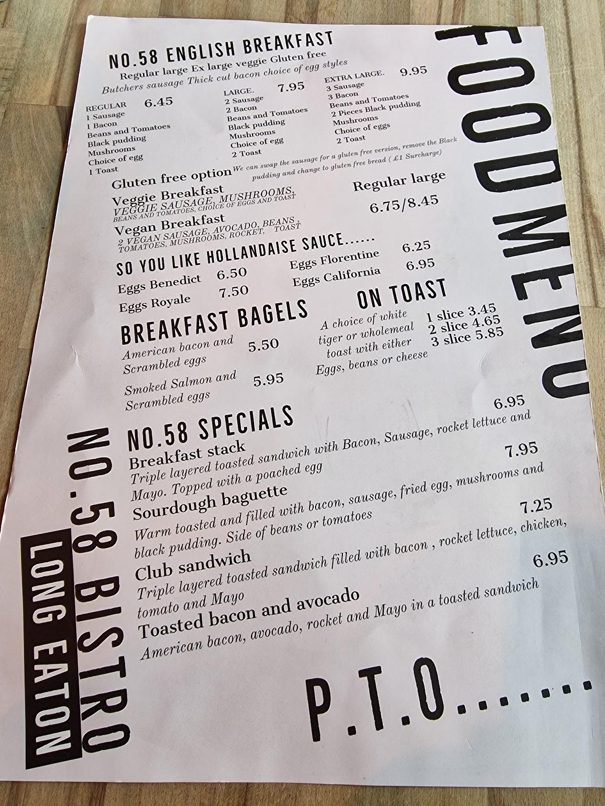 Menu at No.58 cafe, Nottingham