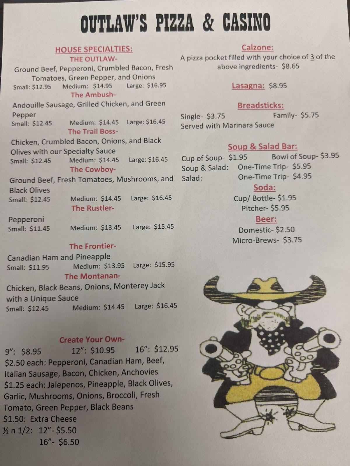 Menu at Outlaws Pizza pizzeria, Gardiner