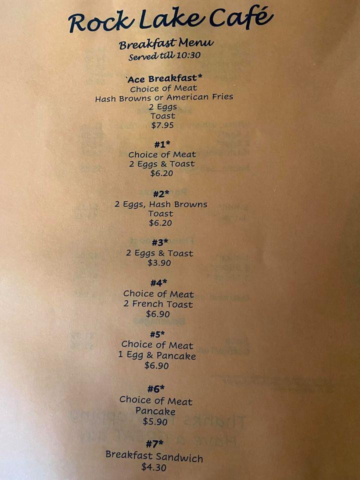 Carta de Rock Lake Cafe, Rocklake