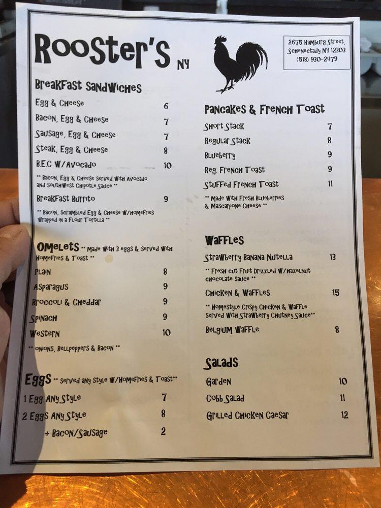 Menu at Roosters NY restaurant, Schenectady