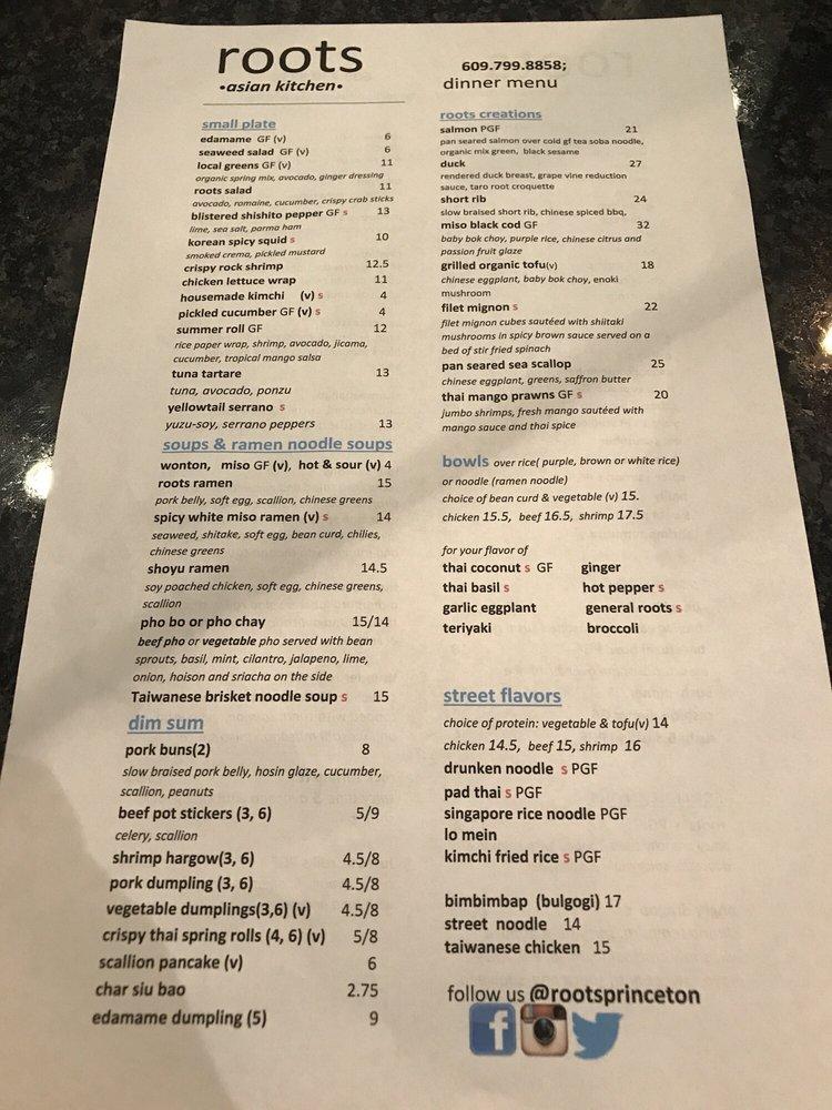 Menu at roots restaurant, Princeton
