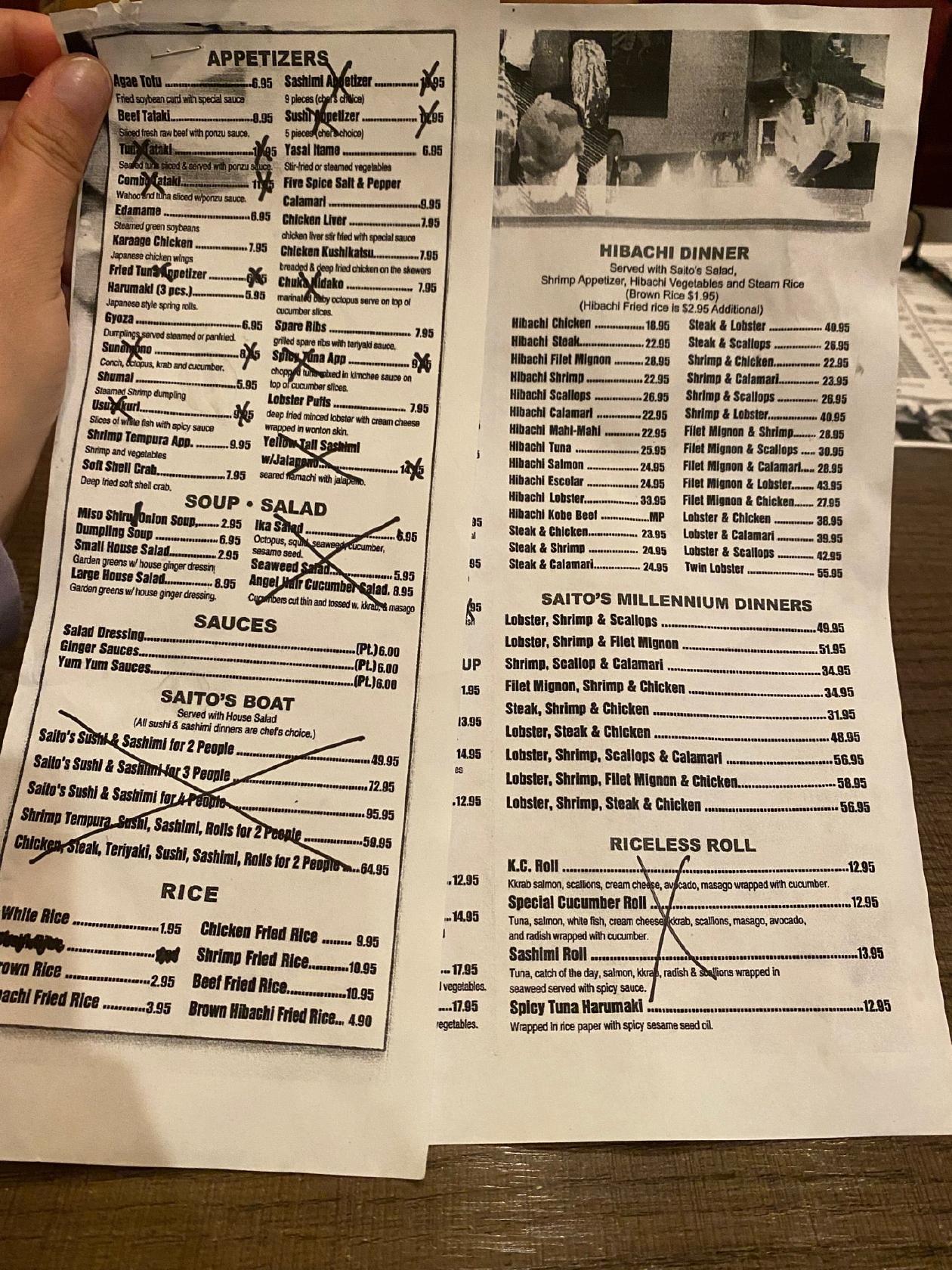Menu at Saito's Japanese Steakhouse, Palm Beach Gardens, Pga Blvd