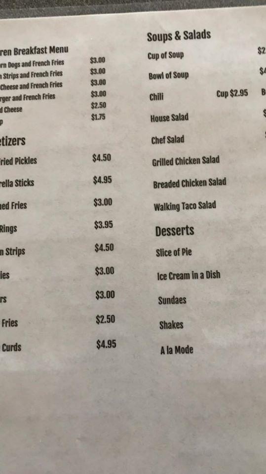 Menu at Sandy's Diner restaurant, Markesan