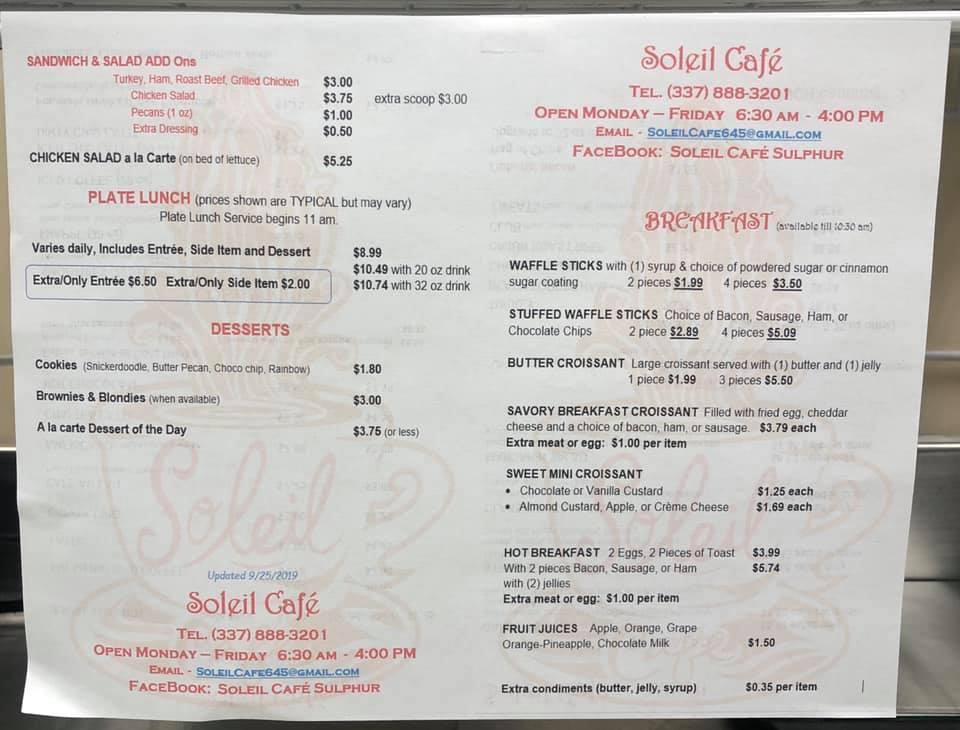 Menu at Soleil Cafe, Sulphur